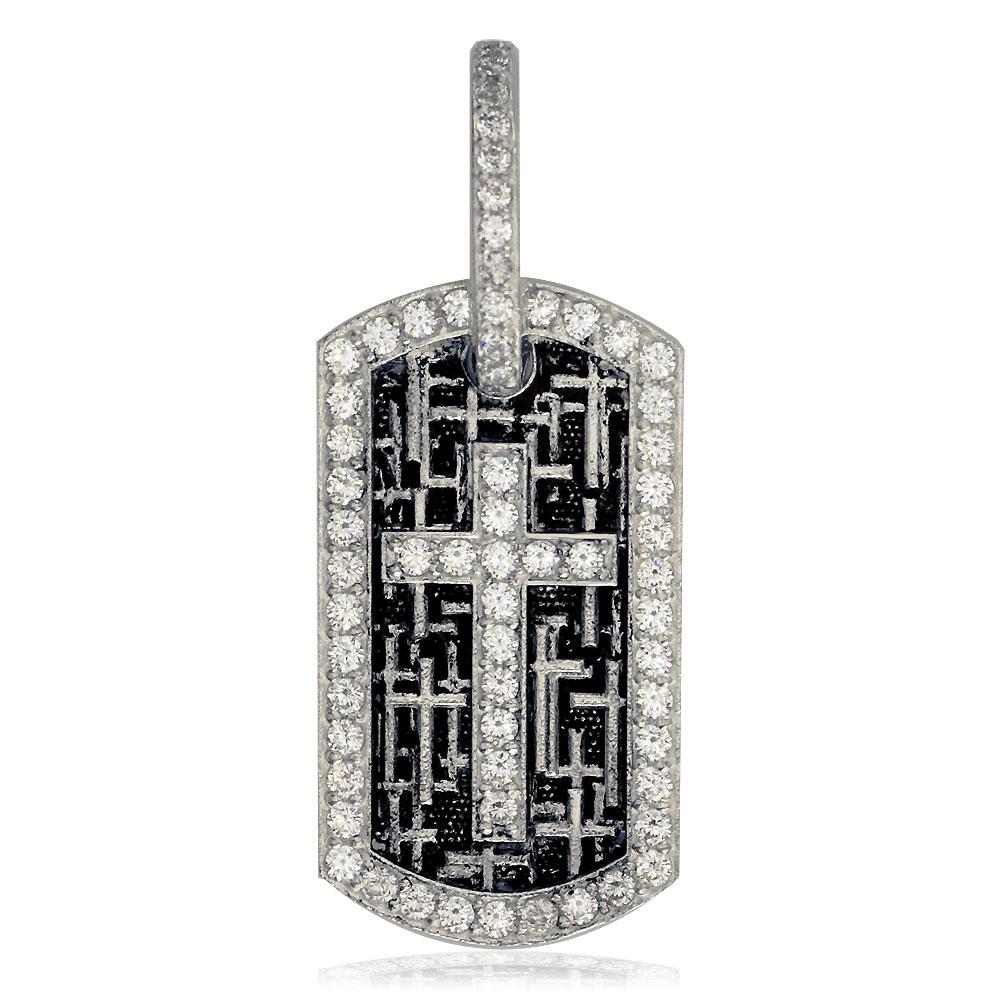 Cross Dog Tag Pendant with Scattered Cross Texture,Black and Cubic Zir ...