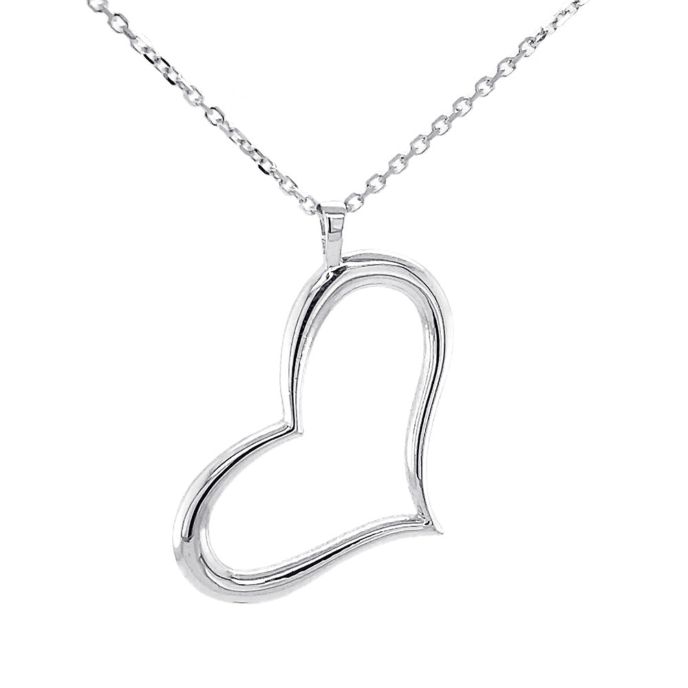 28mm Open, Offset, Wavy Heart Charm and 16 Inch Chain in 14K White Gol ...